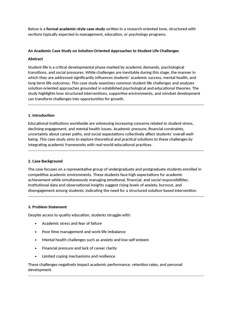 Academic Case Study on Solution-Oriented Approaches to Student Life Challenges | PDF | Mental ...