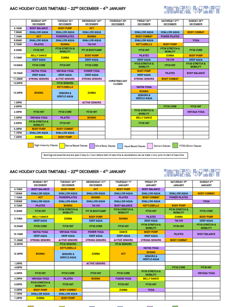 AAC Holiday Class Timetable 2023 | PDF | Pilates