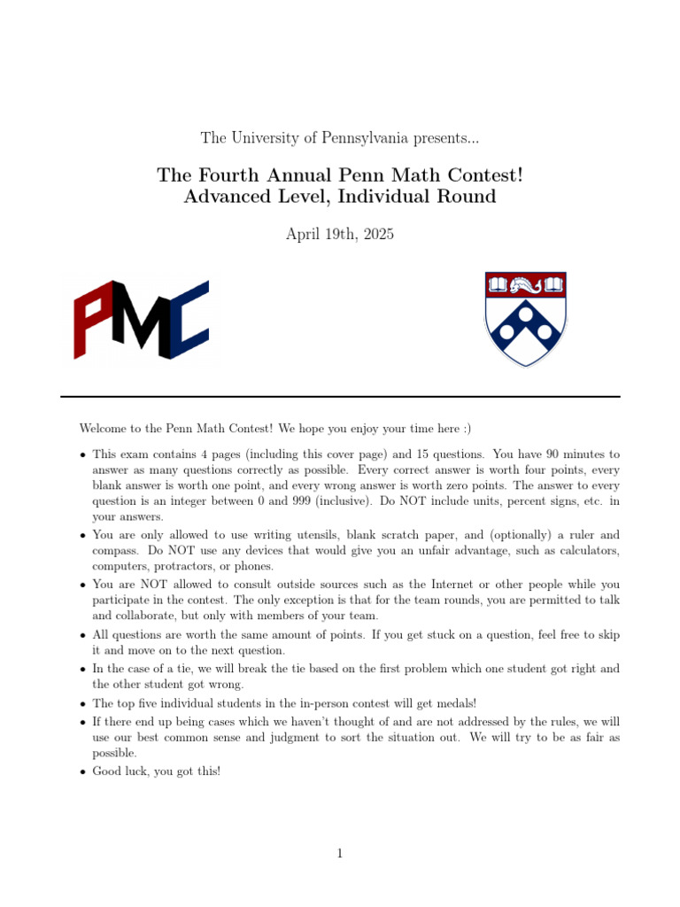 Penn Math Contest IV 2025 Guidelines | PDF | Numbers | Number Theory