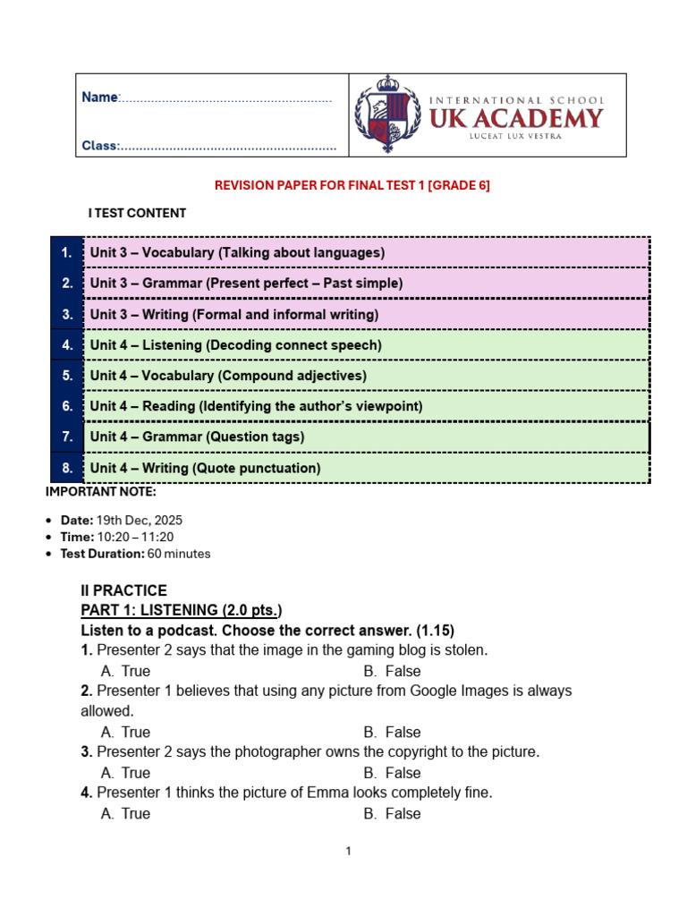Grade 6 Final Test Revision Guide | PDF | Selfie | Multilingualism
