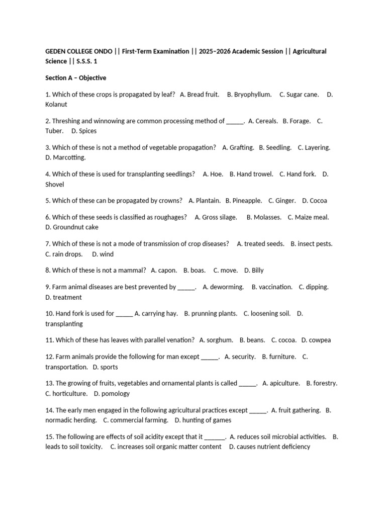 SS1 Agric Sci First Term Examination | PDF | Soil | Agriculture