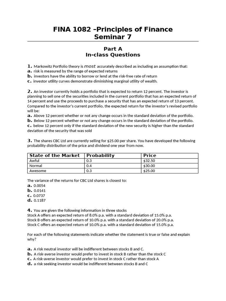 Finance Principles: Portfolio Analysis Questions | PDF | Modern ...