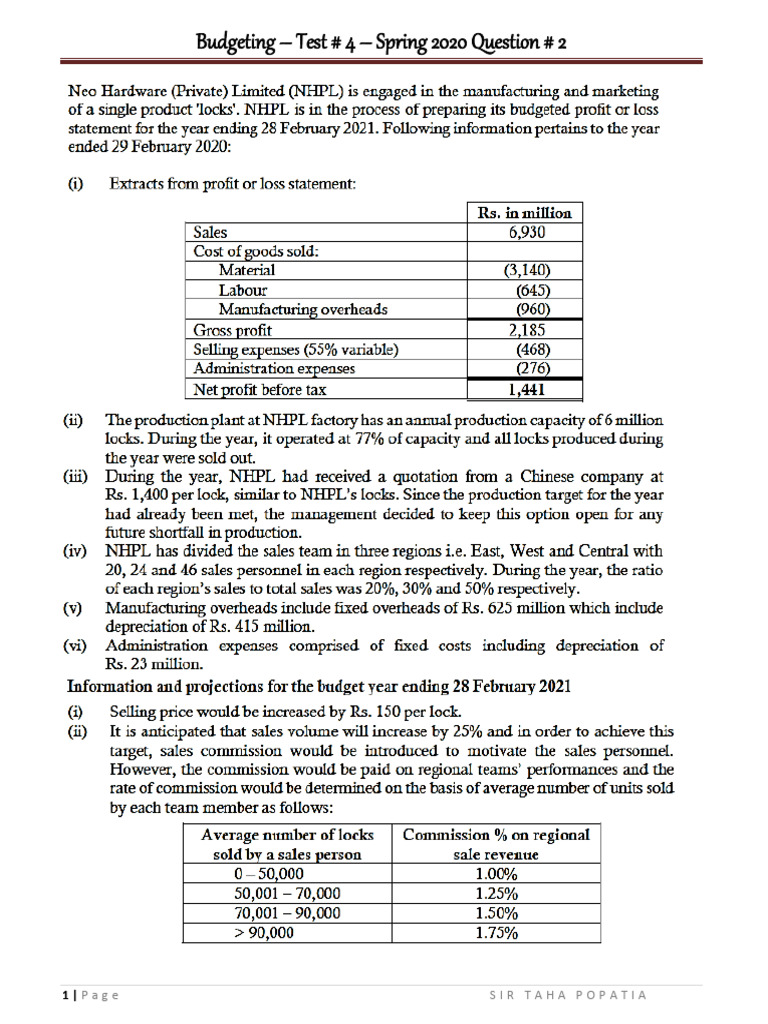 Budgeting Test # 4 - Spring 2020 - Question | PDF