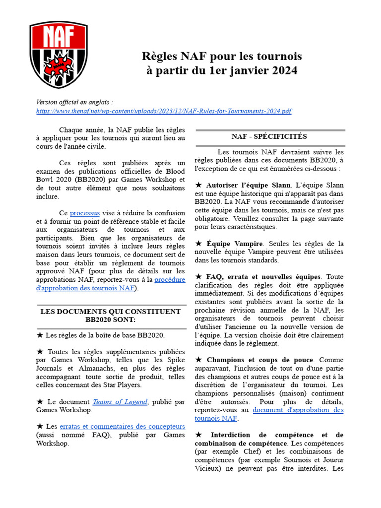Règles NAF Tournois Blood Bowl 2024 | PDF