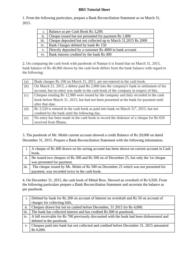 Tutorial 10-BRS Tutorial Sheet | PDF | Cheque | Transaction Account