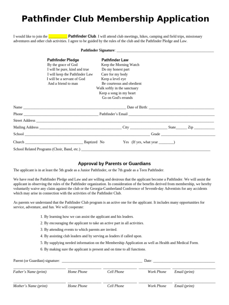 Pathfinder Club Membership Form | PDF