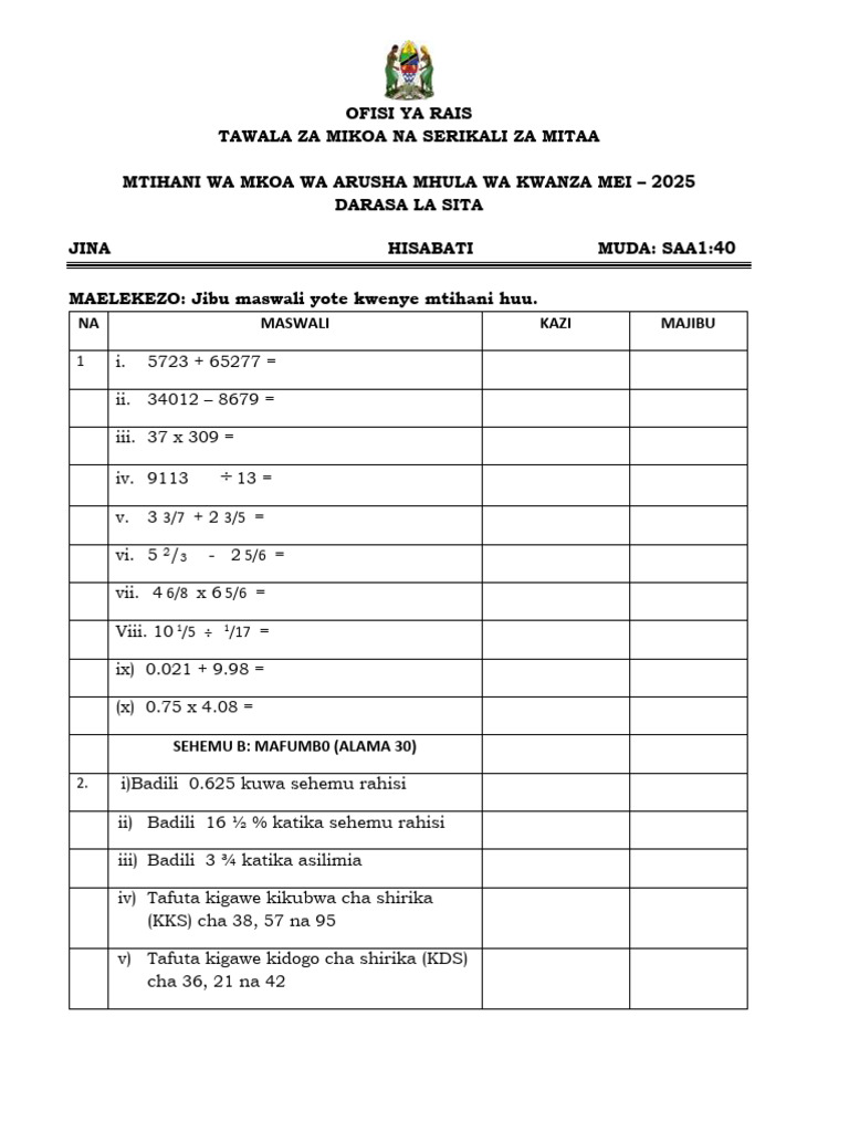 Hisabati Std 6 | PDF