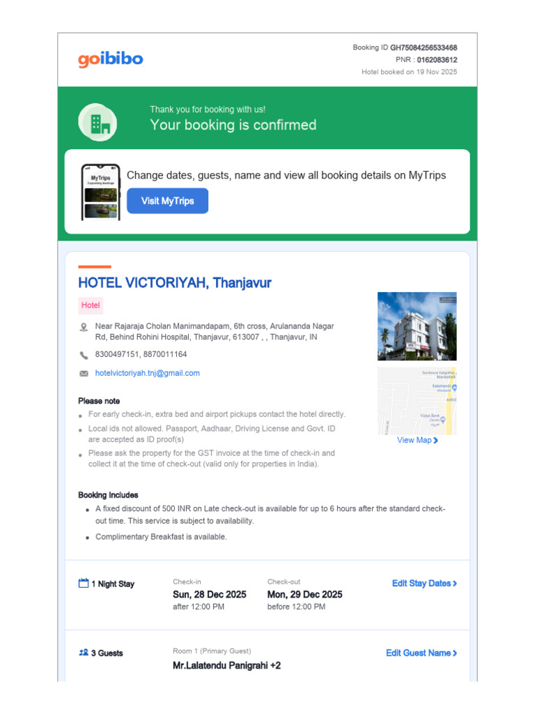 Hotel Booking Confirmation for Thanjavur | PDF