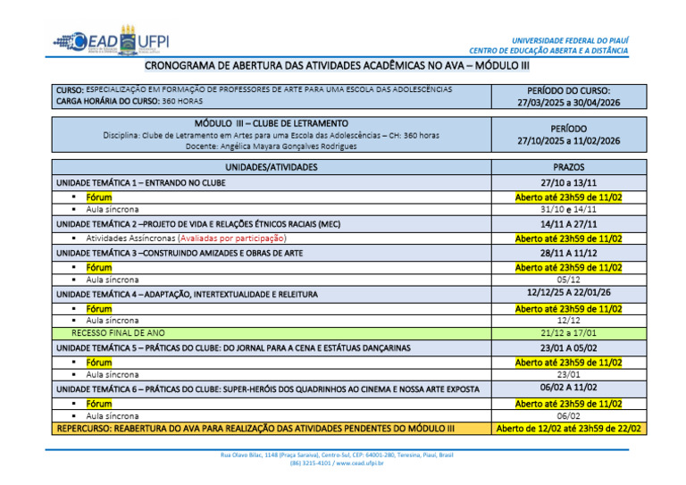 3 Cronograma - MOD III - ATIVIDADES AVA - Especialização Arte ...