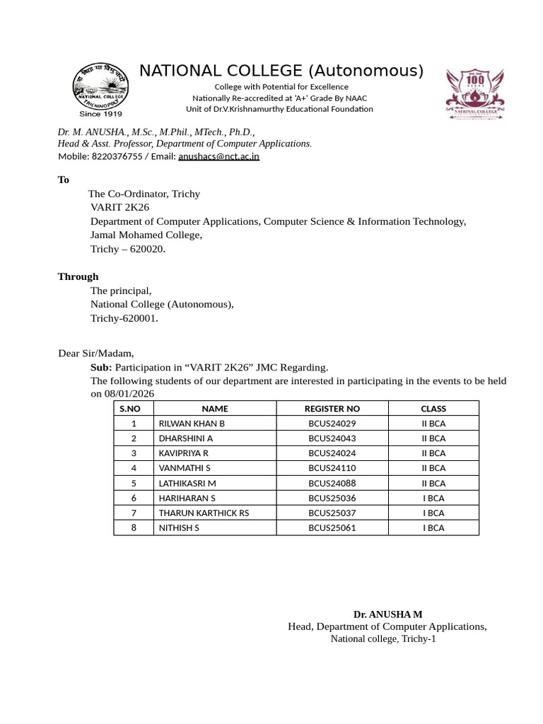 National College Participation in VARIT 2K26 | PDF