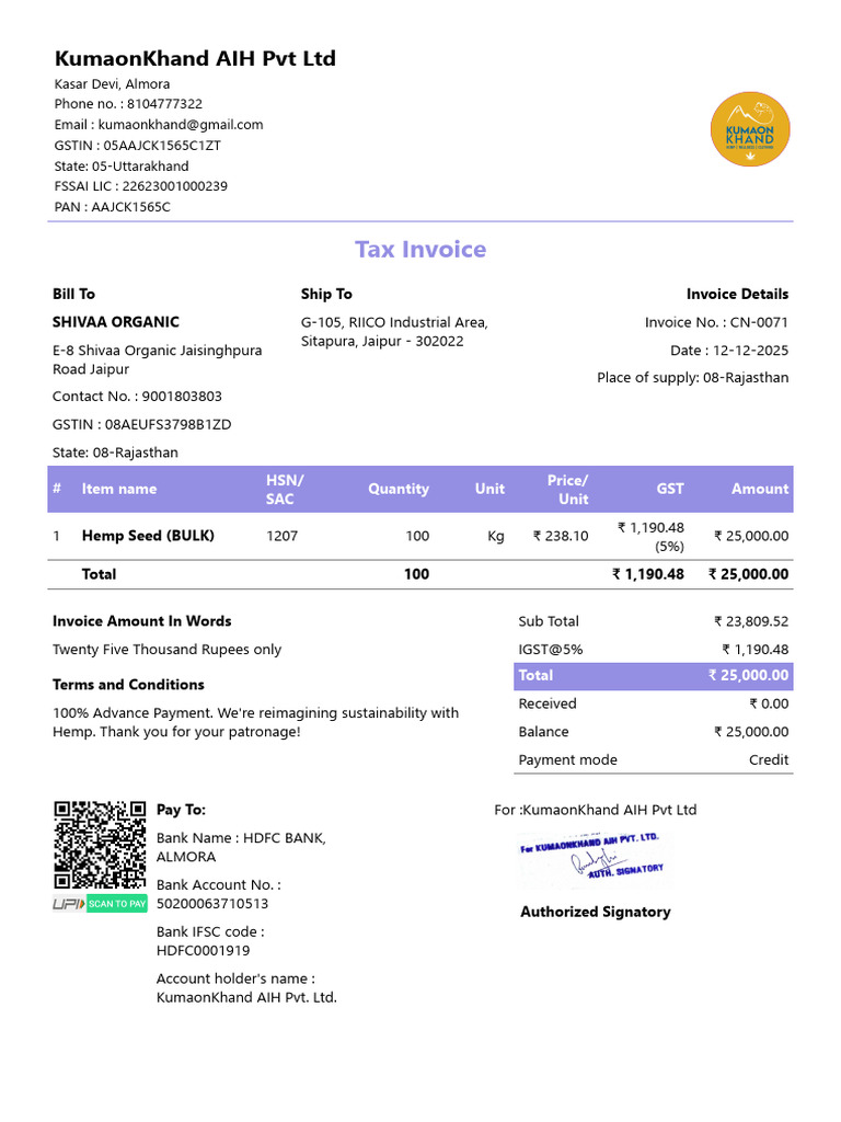 Tax Invoice_CN-0071_12!12!25 (Shivaa Organi) | PDF | Invoice | Payments