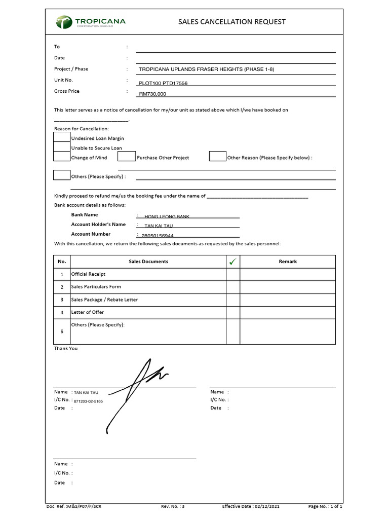 Sales Cancellation Request Form | PDF
