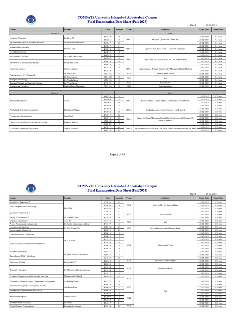 Final Date Sheet with Invigilation - FA25 17-12-2025 merge(1) | PDF