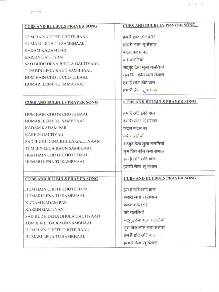 Cubs & Bulbuls Prayer Song | PDF