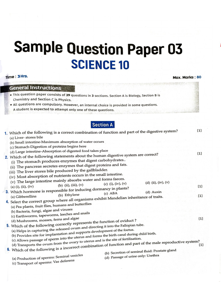Sample Paper3 Science Class-10 | PDF