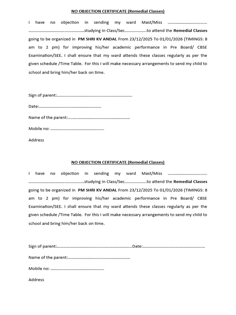 No Objection Certificate for Remedial Classes | PDF