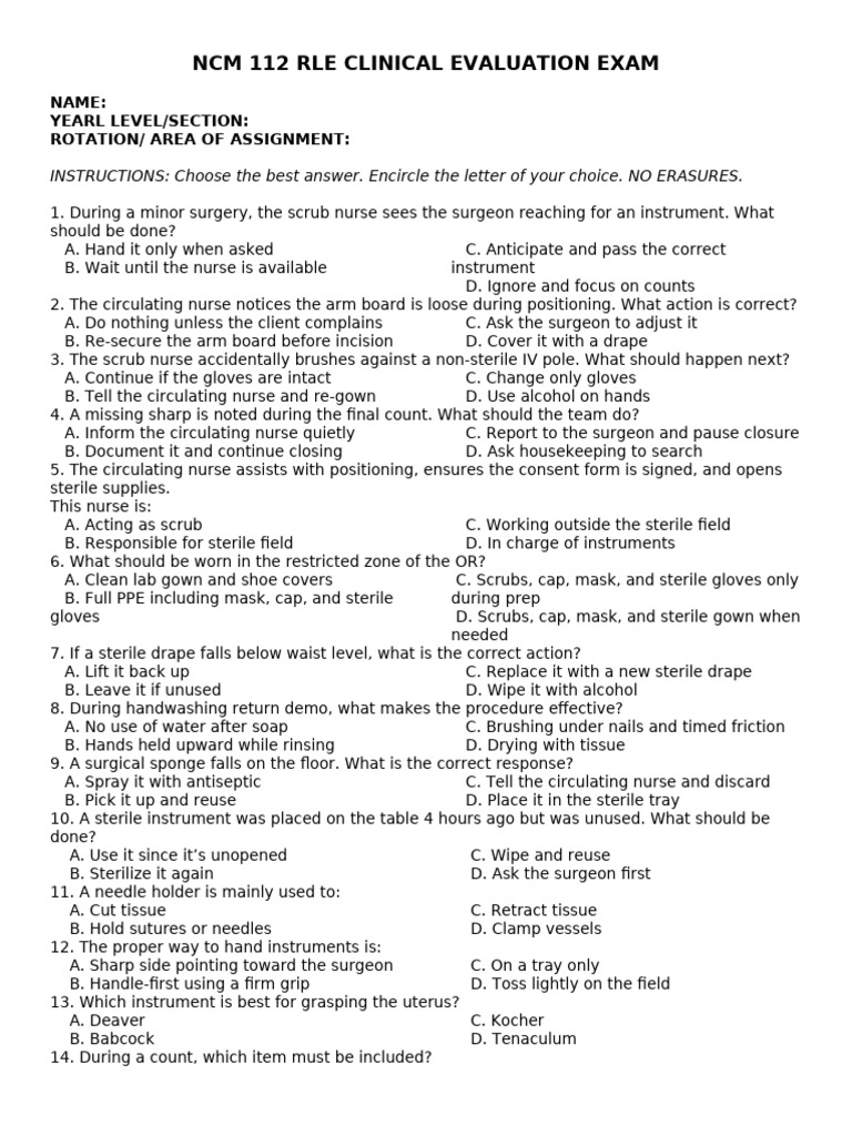 NCM 112 RLE Clinical Evaluation Exam Guide | PDF | Surgery | Medical ...