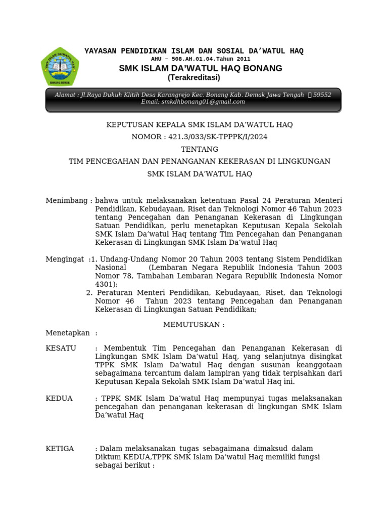 Contoh SK Kepala Satuan Pendidikan Pembentukan TPPK - Tukang Ketik | PDF
