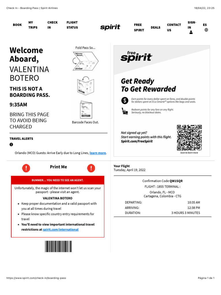 Check in - Boarding Pass - Spirit Airlines | PDF