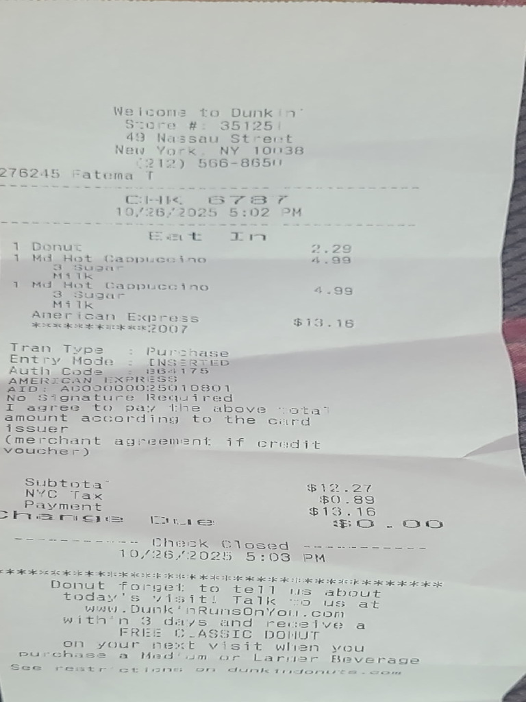 Dunkin' Receipt: Cappuccino Purchase | PDF