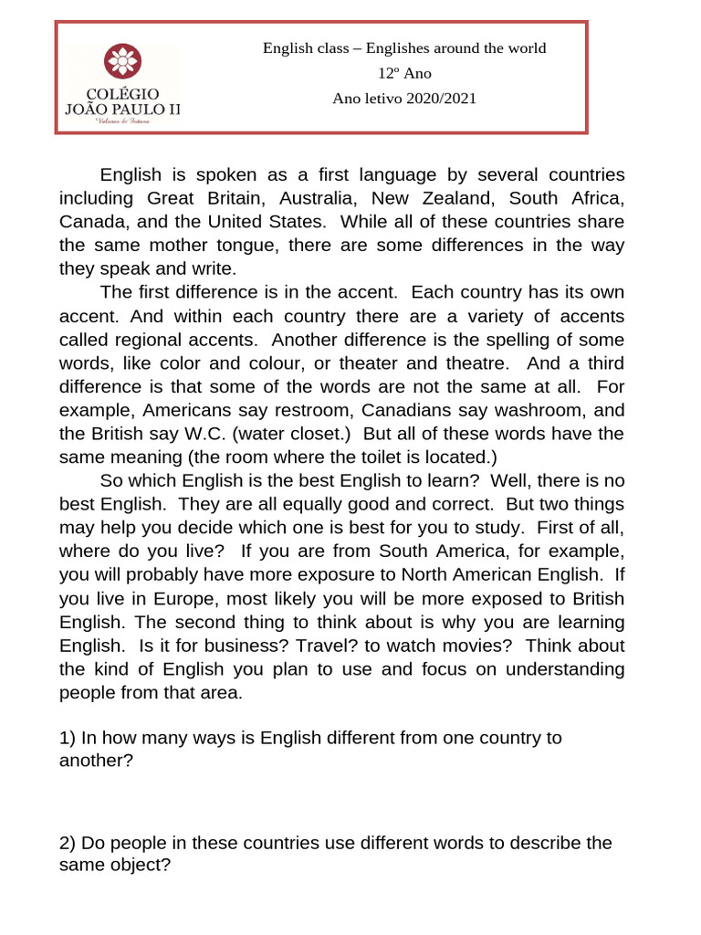Variations of English Worldwide | PDF | English Language | Accent ...