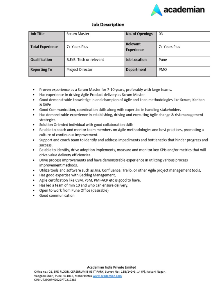 JD Scrum Master-Academian | PDF | Agile Software Development | Scrum ...