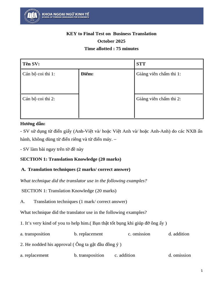 MID TERM Test On Translation .Docx 2025 KEY REVISED For Oct | PDF