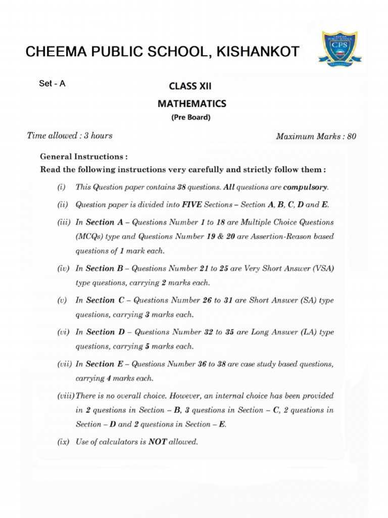 Mathematics SQP Class 12th | PDF
