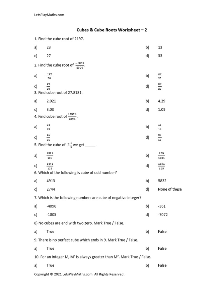 Cubes and Cube Roots Worksheet-2 | PDF | Mathematics | Numbers