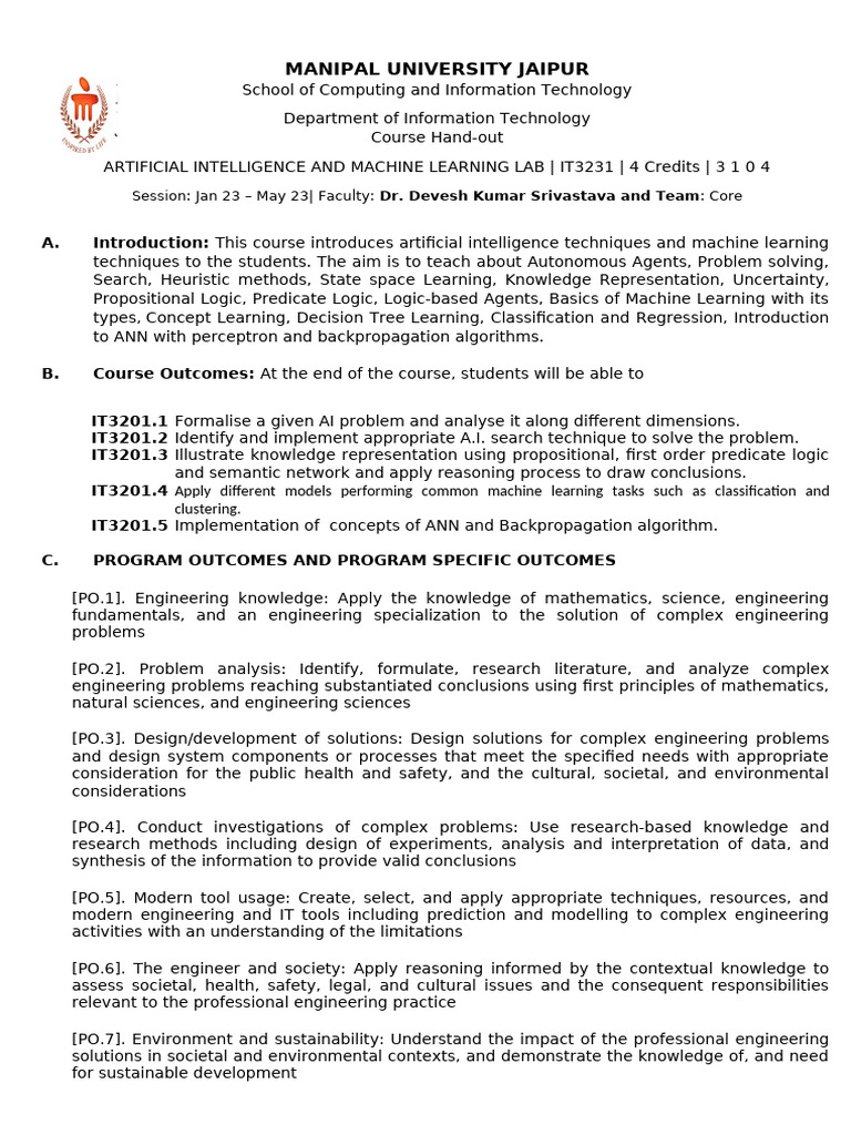 Handout-Artificial Intelligence and Machine Learning Lab - IT3231 | PDF ...