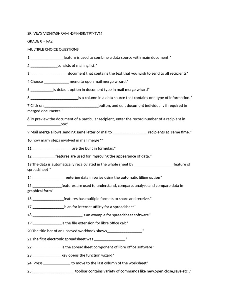 8th Pa2 Mcq Google Form | PDF | Spreadsheet | Worksheet