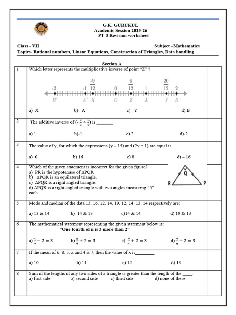 Std_7_Math_Revision_WS | PDF | Length | Triangle