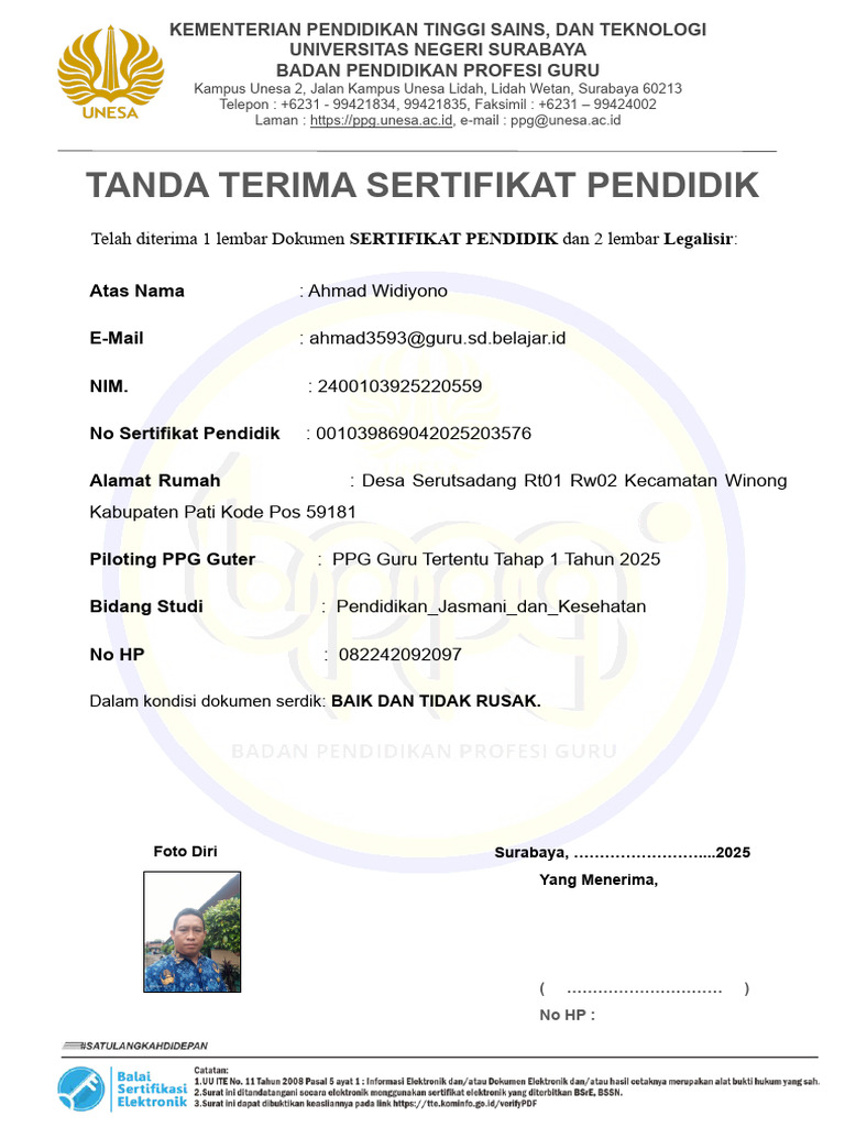 Form Pengambilan Serdik PPG GT1 2025 Ahmad Widiyono | PDF