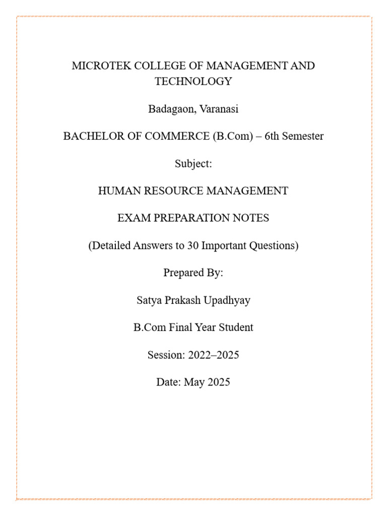 HRM Exam Prep Notes for B.Com Students | PDF | Cost Of Living | Human ...
