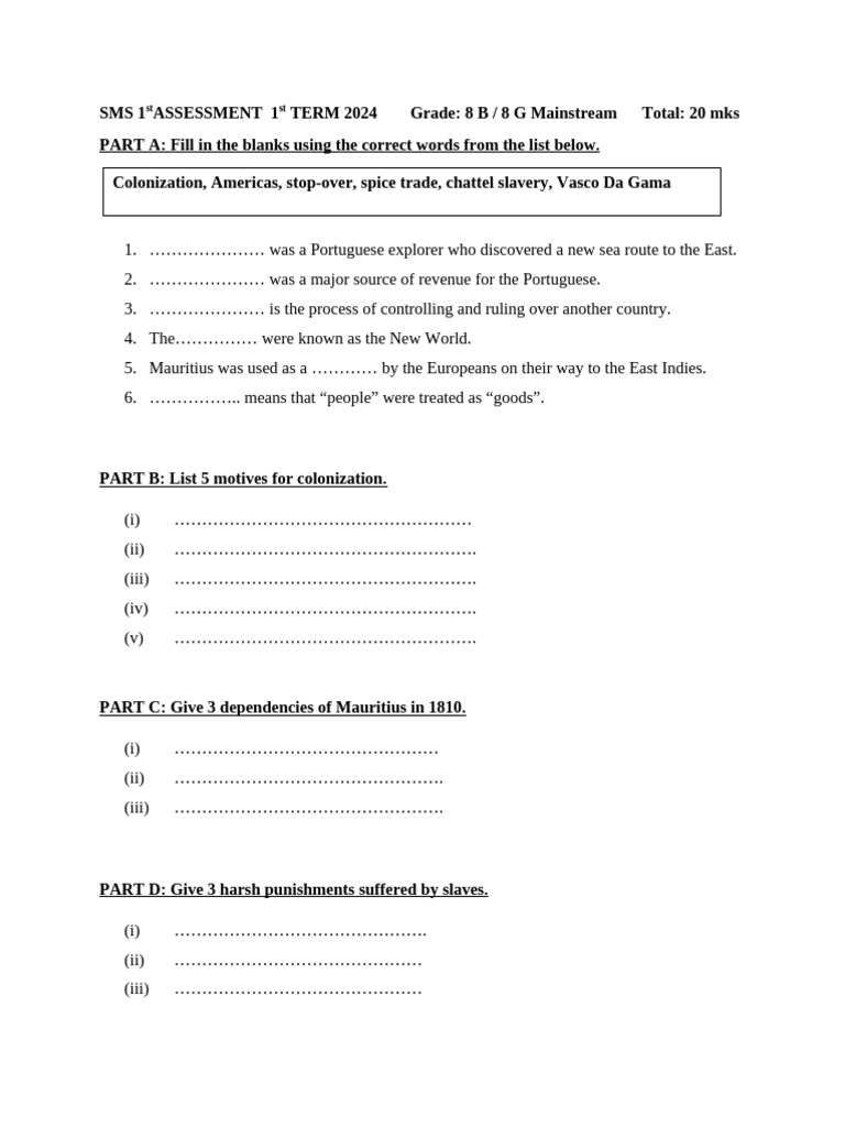 1st Sms Assessment 1st Term 2024 Grade 8 b Grade 8 g Mainstream | PDF
