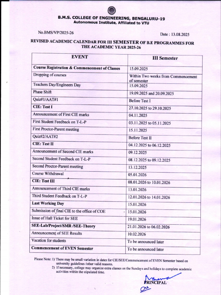 Revised III Semester Calendar of Events | PDF