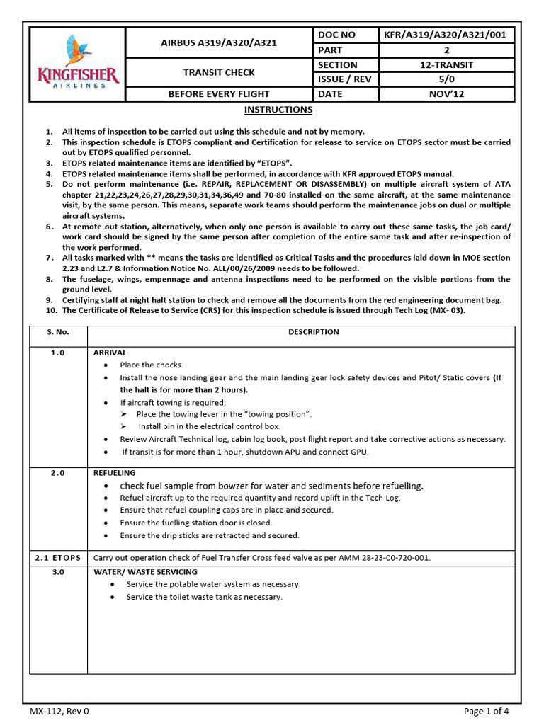 A320 LINE CHECK SCHEDULES 30.11.12 A | PDF | Landing Gear | Aircraft