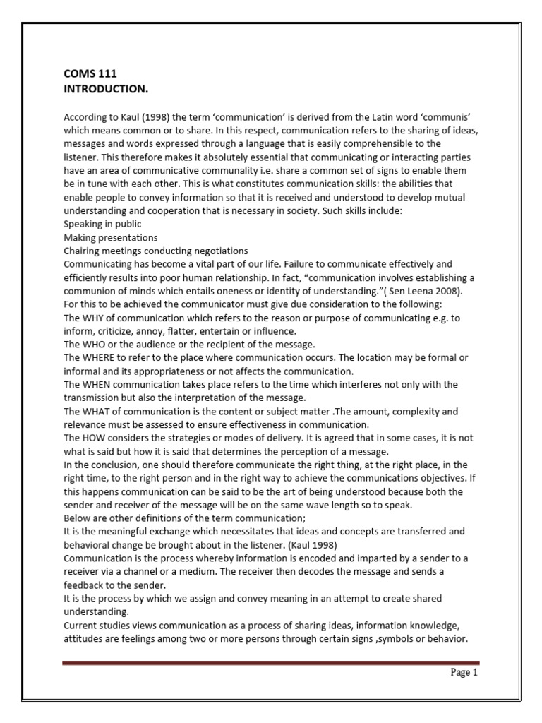 COMS 111 Notes | PDF | Communication | Nonverbal Communication