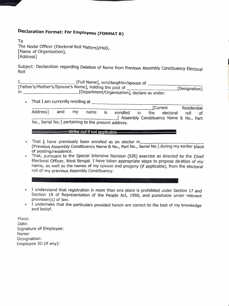 Employee Electoral Roll Deletion Declaration | PDF | Political Law ...
