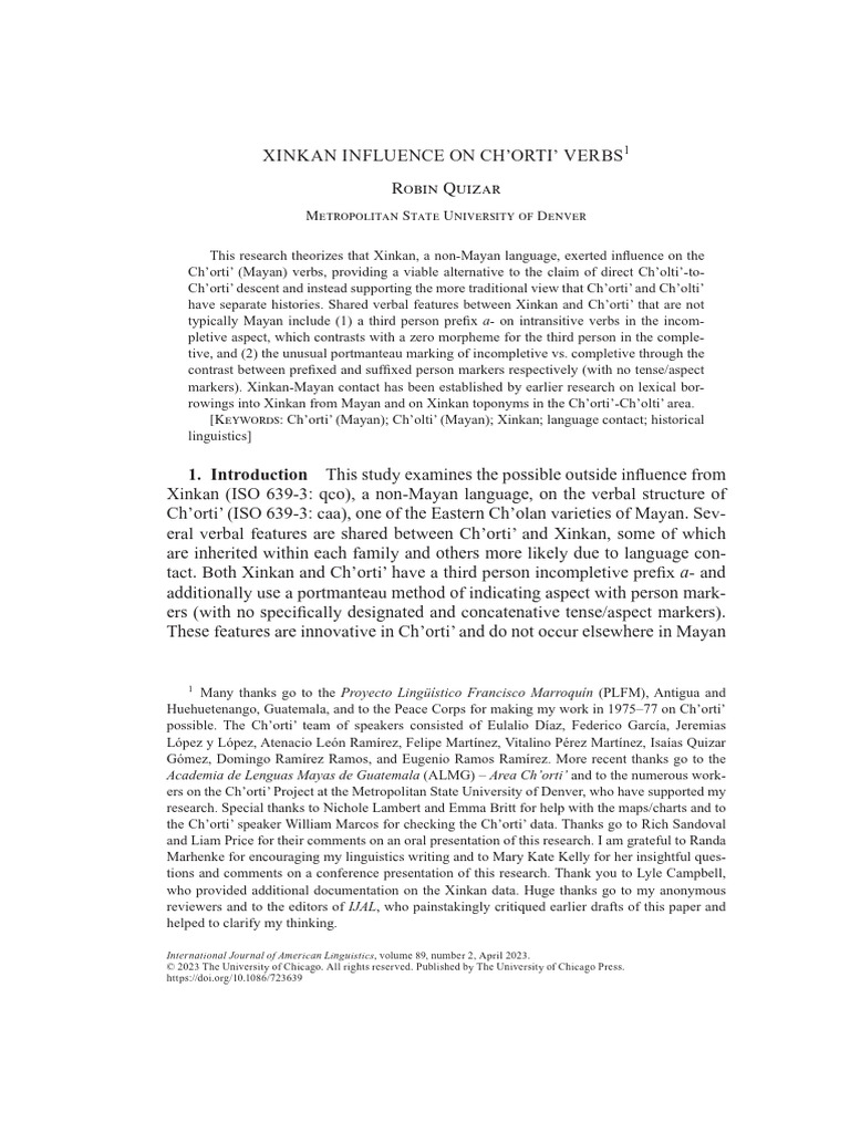 IJAL Xinkan Influence on Chorti Verbs 20 | PDF | Grammatical Tense | Verb