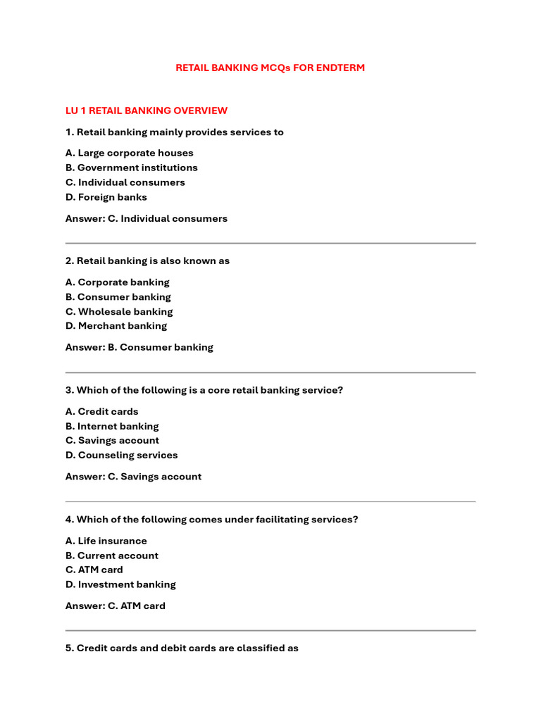 Retail Banking Mcqs | PDF | Banks | Transaction Account