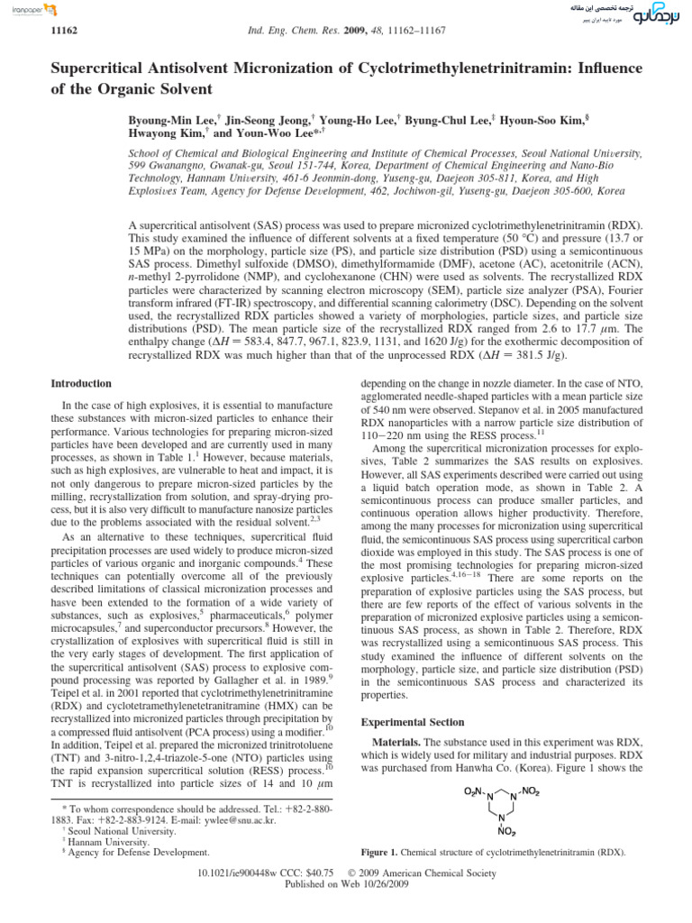 Supercritical Antisolvent Micronization of Cyclotrimethylenetrinitramin ...