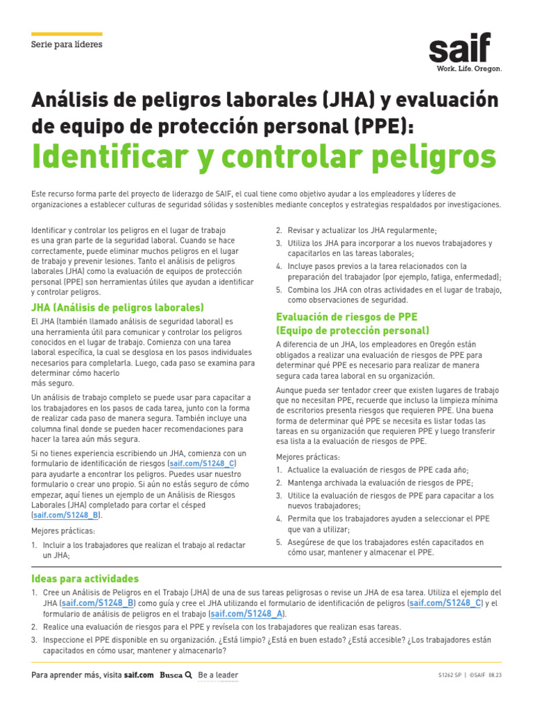 S1262 SP JHA and PPE Identify and Control Hazards | PDF | Seguridad y ...