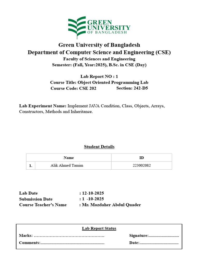 223002082-CSE202-242-D5-LabReport01-OOP | PDF | Constructor (Object ...