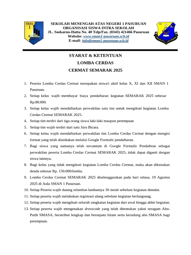 Lomba Cerdas Cermat SEMARAK 2025 SMAN 1 Pasuruan | PDF