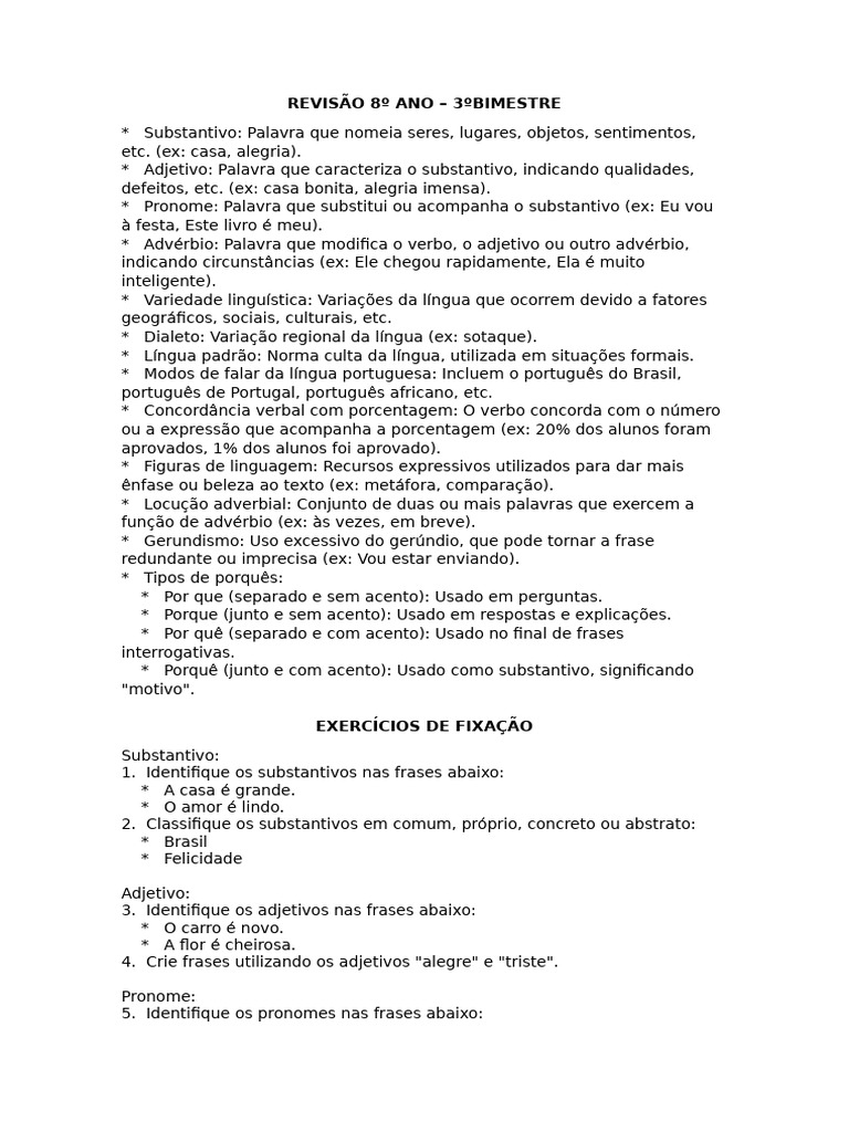 Revisão 8ano 3bim | PDF | Pronome | Advérbio