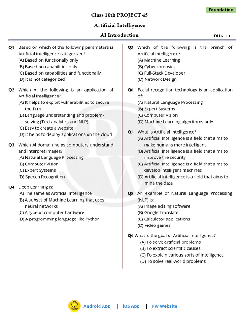 Class 10th PROJECT 45 Artificial Intelligence AI Introduction | PDF ...