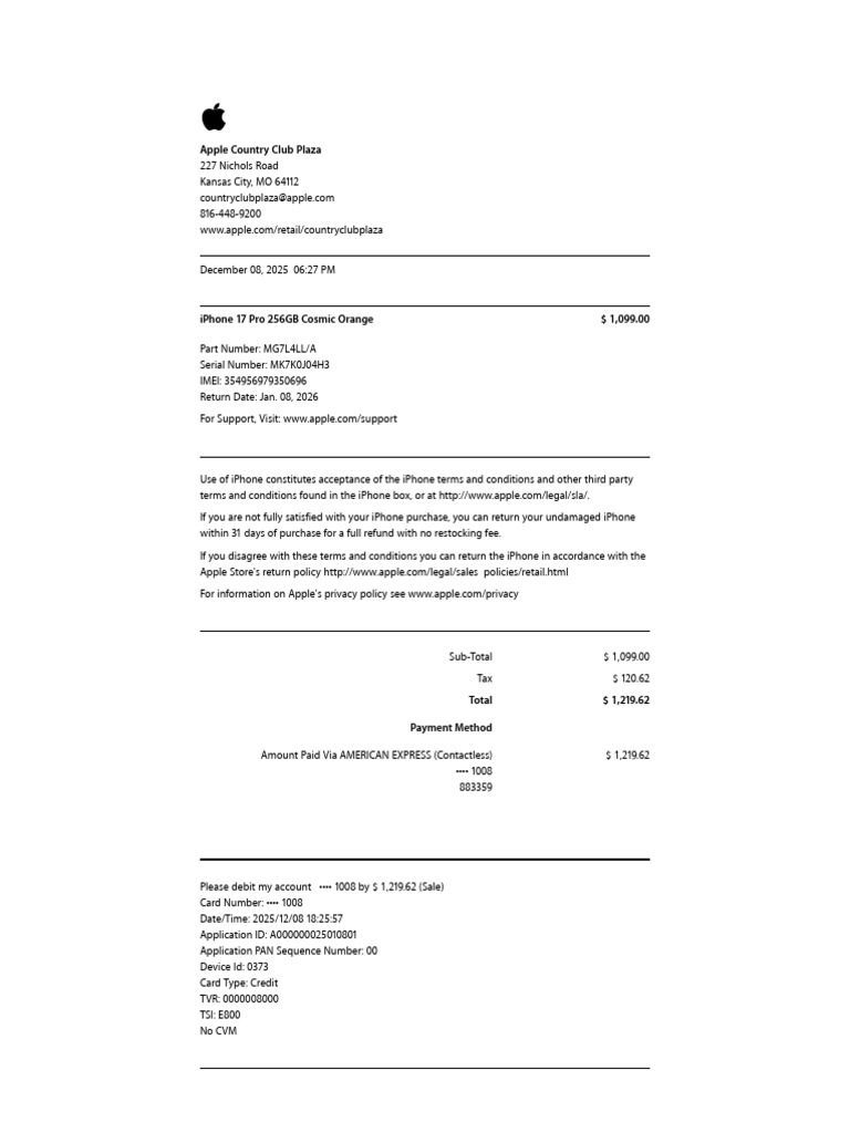 iPhone 17 Pro Purchase Receipt | PDF | Apple Inc. | I Phone