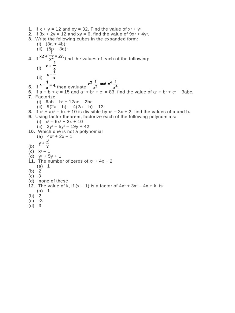 Polynomials Sample Papers 1 | PDF