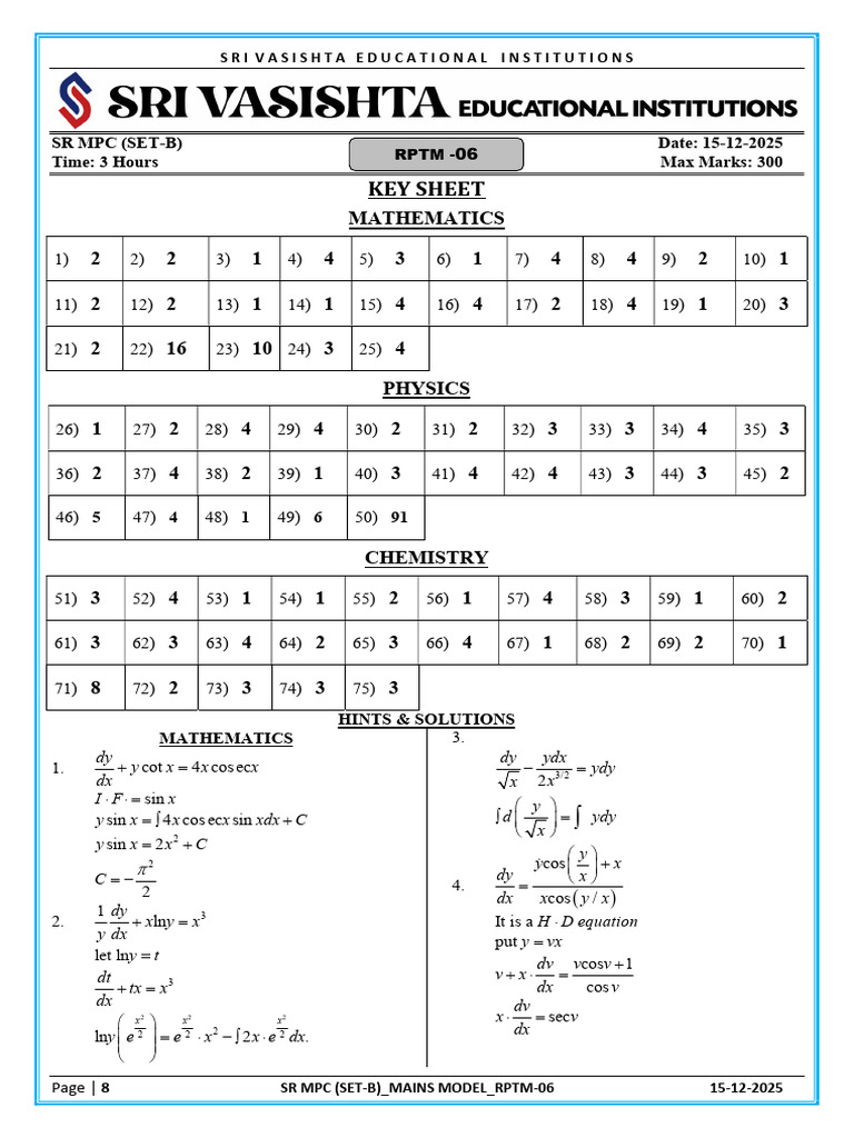 SR MPC (SET-B)_JEE MAIN MODEL RPTM-06_EX DT_15-12-2025_KEY SHEET | PDF ...